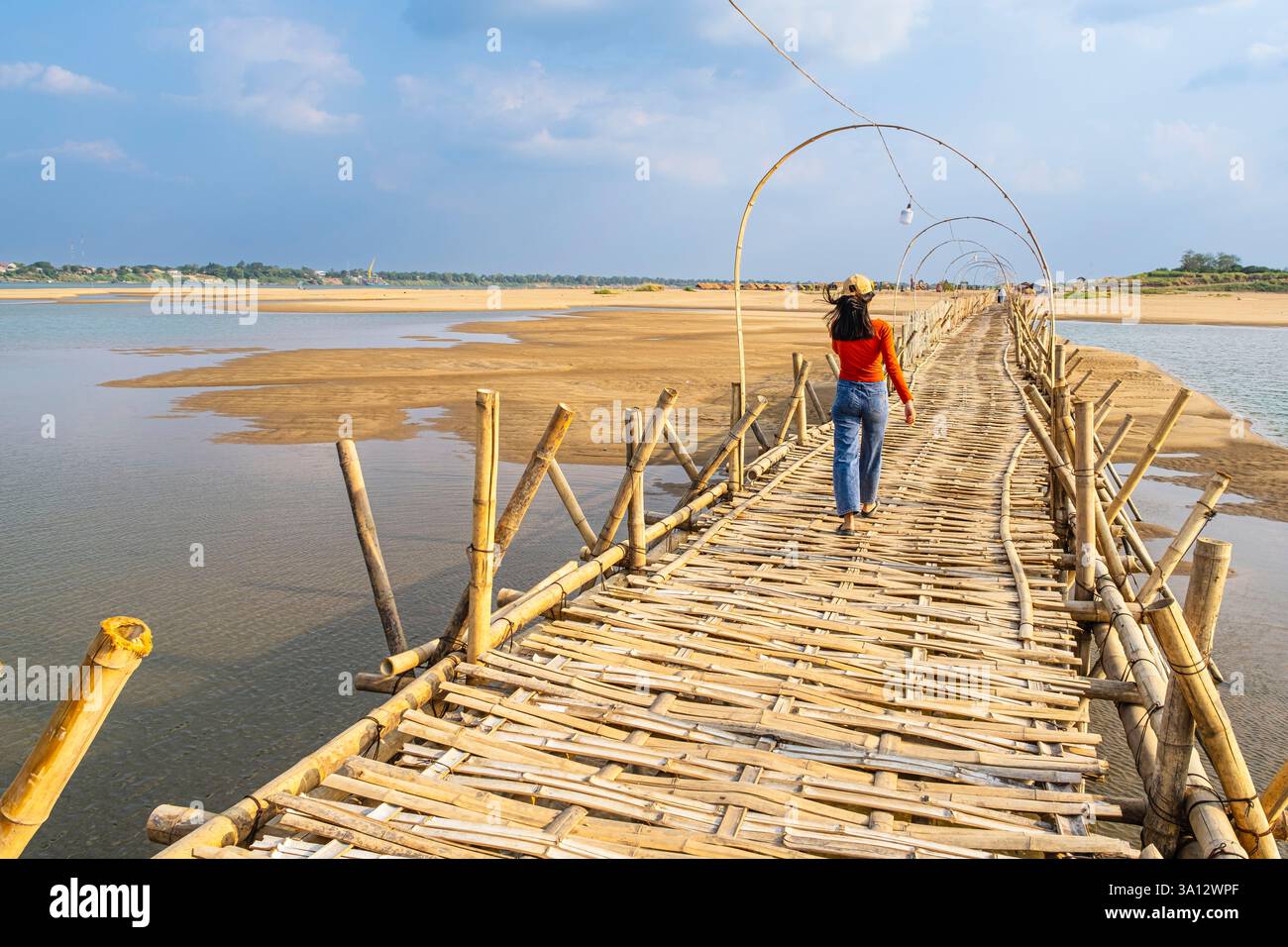 Cambodia, Kampong Cham, bamboo bridge almost one km long connecting the ...