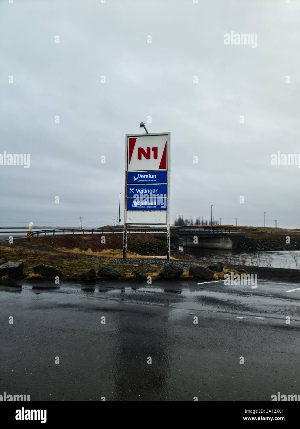 Iceland, Iceland - 01. March 2025: N1 gas station sign under a cloudy ...
