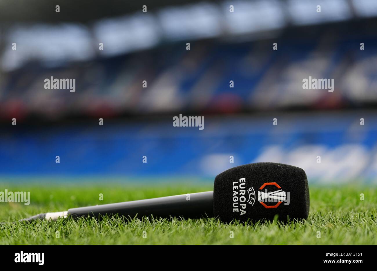 A UEFA Europa League branded microphone inside the stadium ahead of the ...