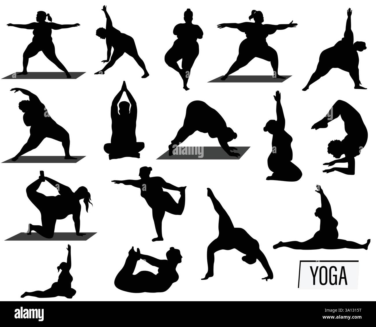 Set of 16 yoga silhouettes cutout vector icon sets in various yoga ...