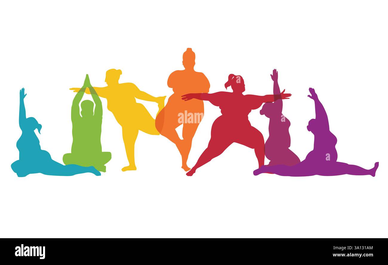 Colorful Plus Size Curvy People Performing Yoga. Fitness, wellness ...