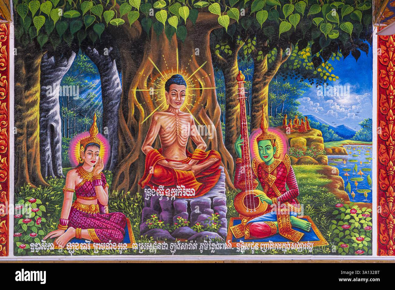 Cambodia, Kampong Chhnang province, Kampong Leng, Kiri Raksmey pagoda, paintings of Buddha's ...