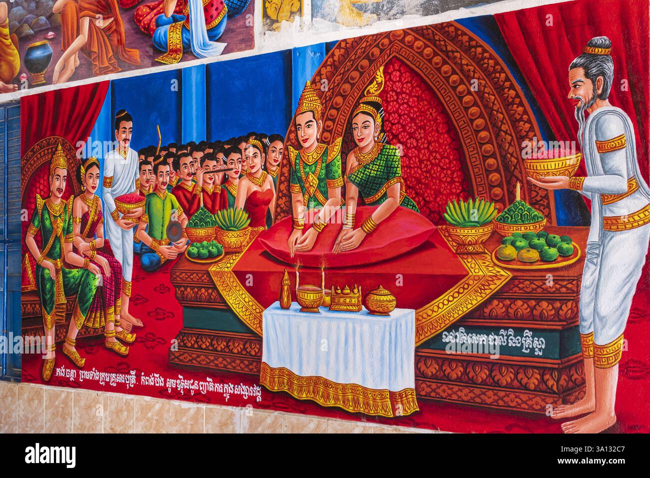Cambodia, Kampong Chhnang province, Kampong Leng, Kiri Raksmey pagoda, paintings of Buddha's ...