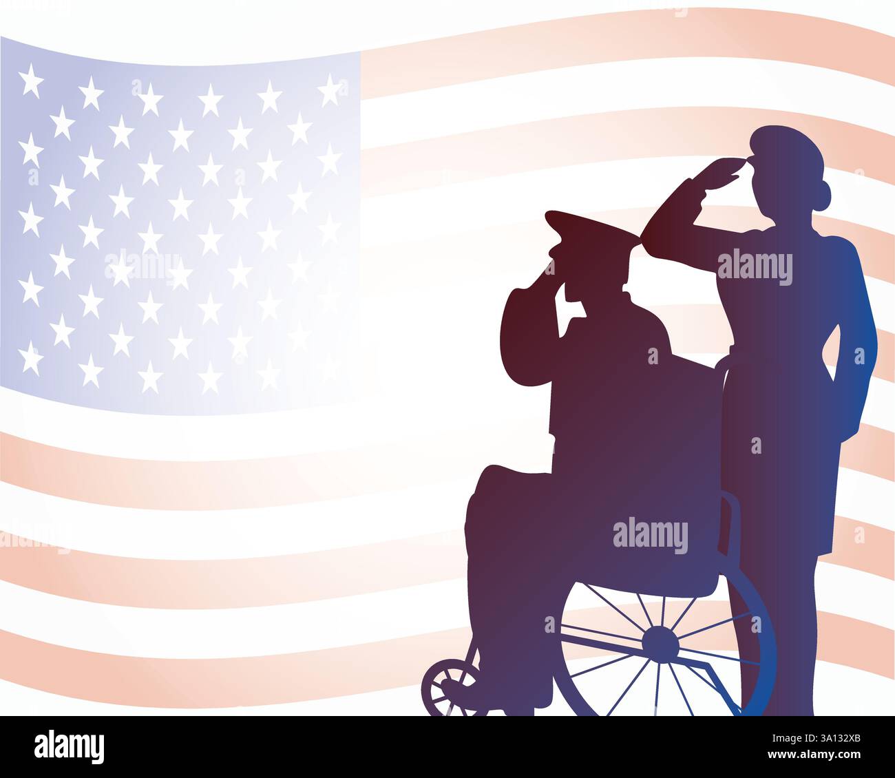 Senior veteran in wheelchair and female veteran saluting American flag background. Silhouette ...