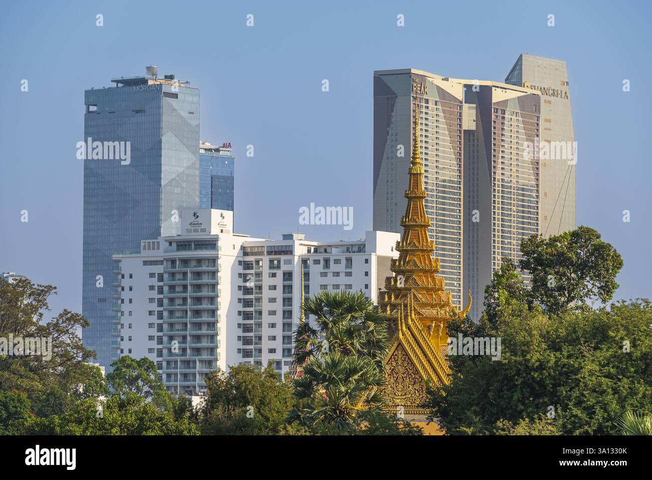 Cambodia, Phnom Penh, the Preah Tinang Chan Chhaya pavilion of the Royal Palace and the towers ...