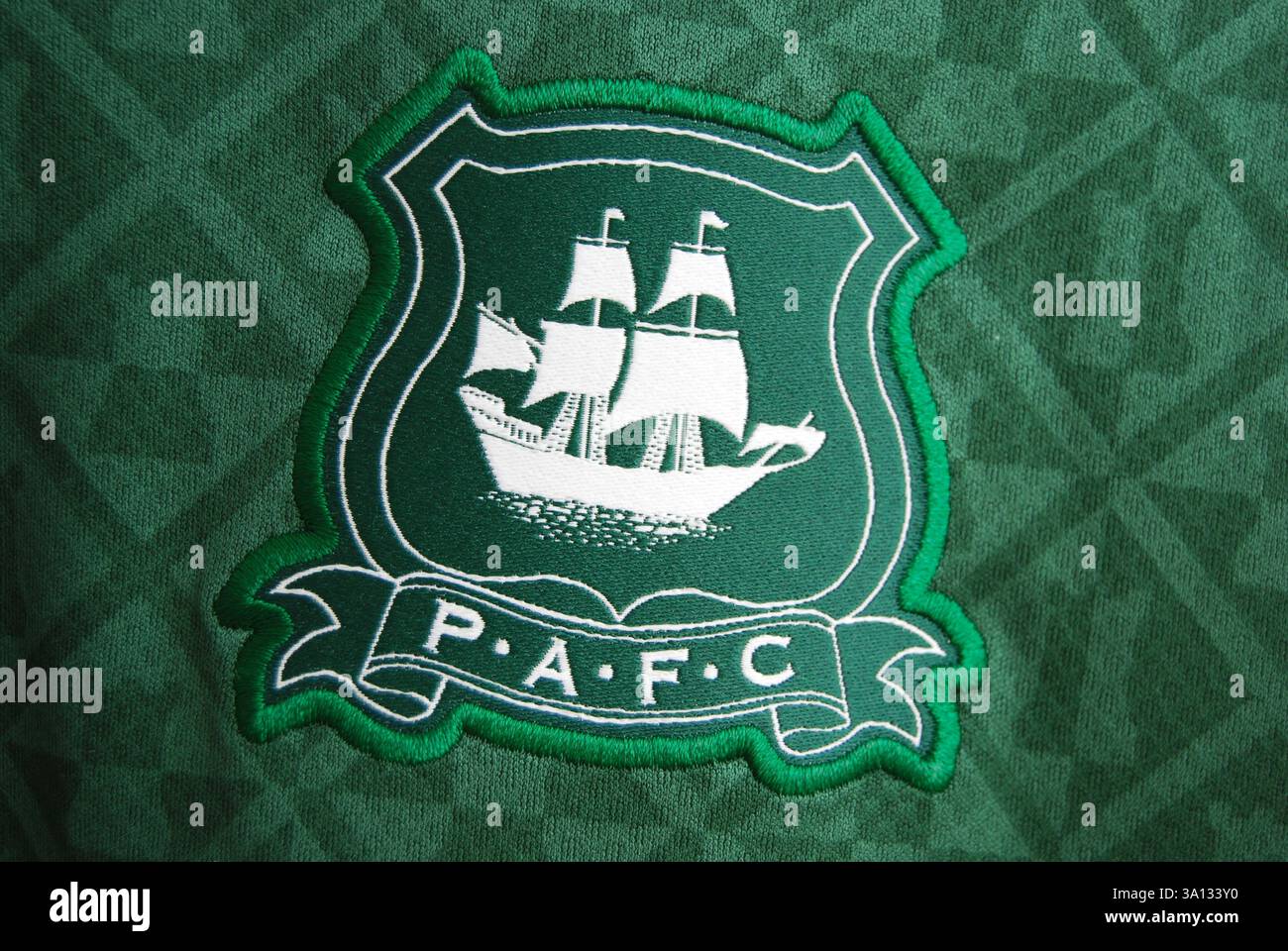 Close up photo of Plymouth Argyle FC club badge on the home shirt Stock ...