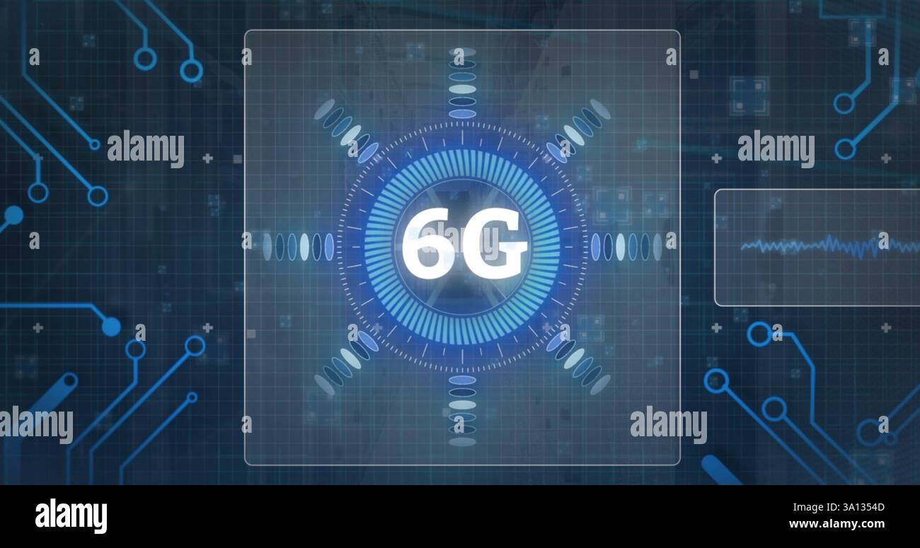 Image of 6g text on circular scanner processing data over motherboard network and server room ...