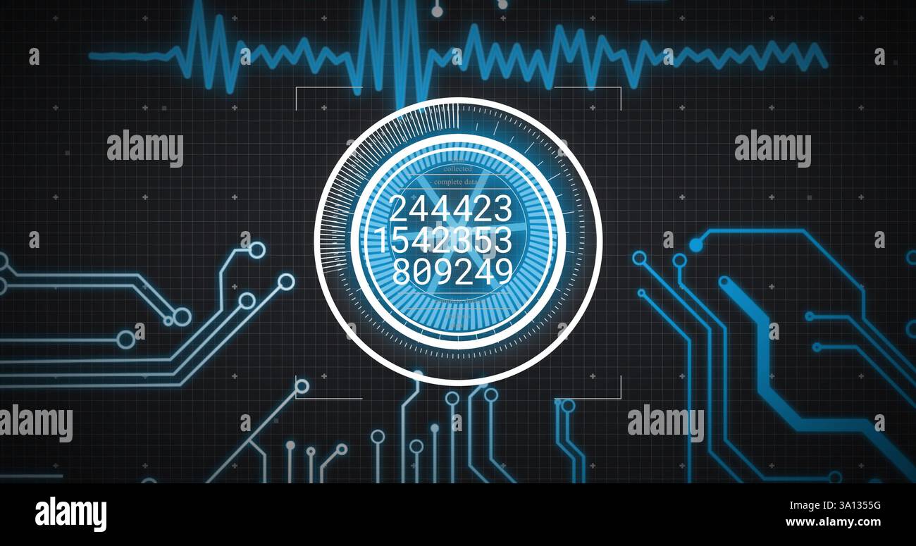 Image of circular scanner processing data with motherboard network and graph on interface Stock ...