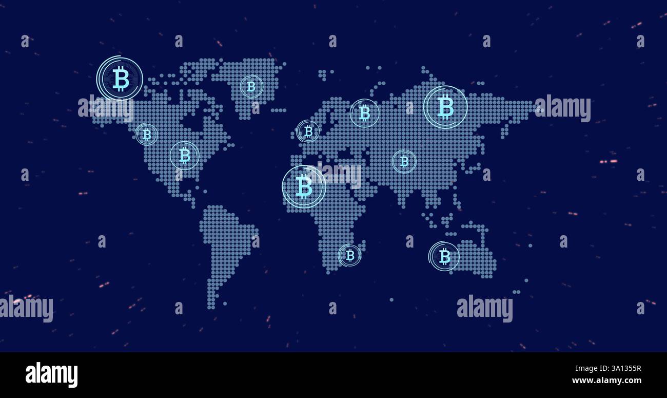 Image of bitcoin icons, digital data processing over world map Stock ...