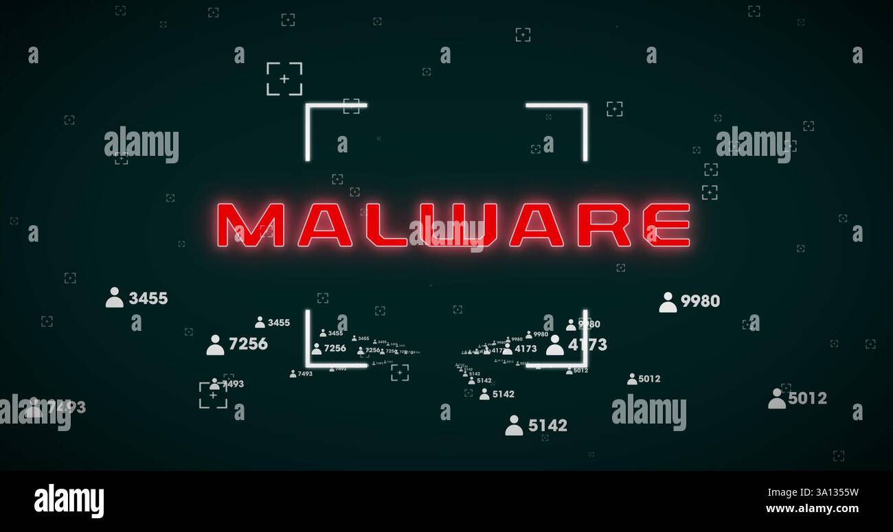 Image of malware text over social media icons with numbers on black ...