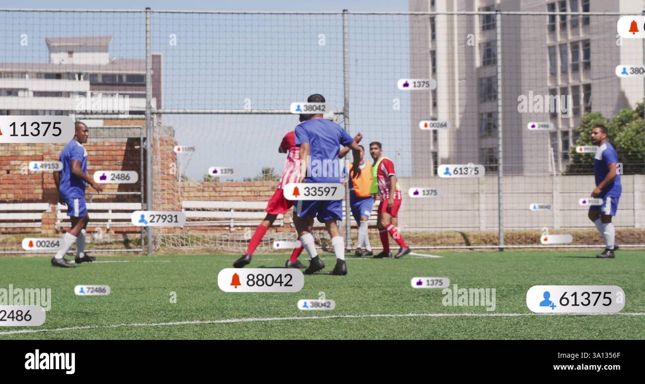 Image of icons and digital data processing over diverse football ...