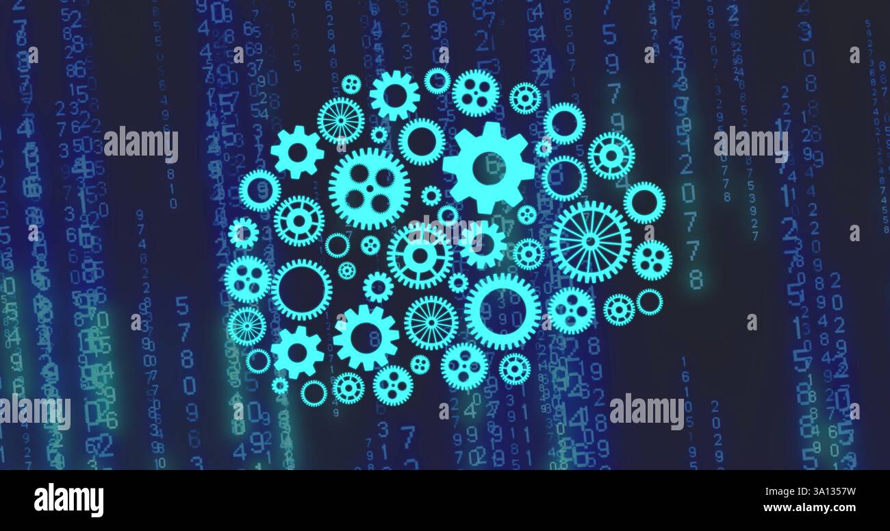 Image of brain with cogs over blue background Stock Photo - Alamy