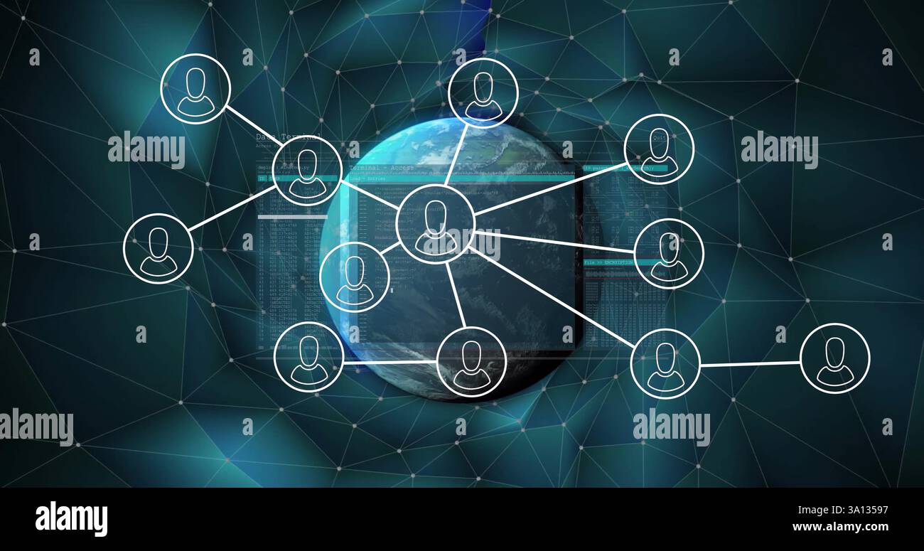 Image of network of connections with icons over globe Stock Photo - Alamy