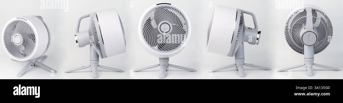 Portable white air fan different view isolated on studio background ...