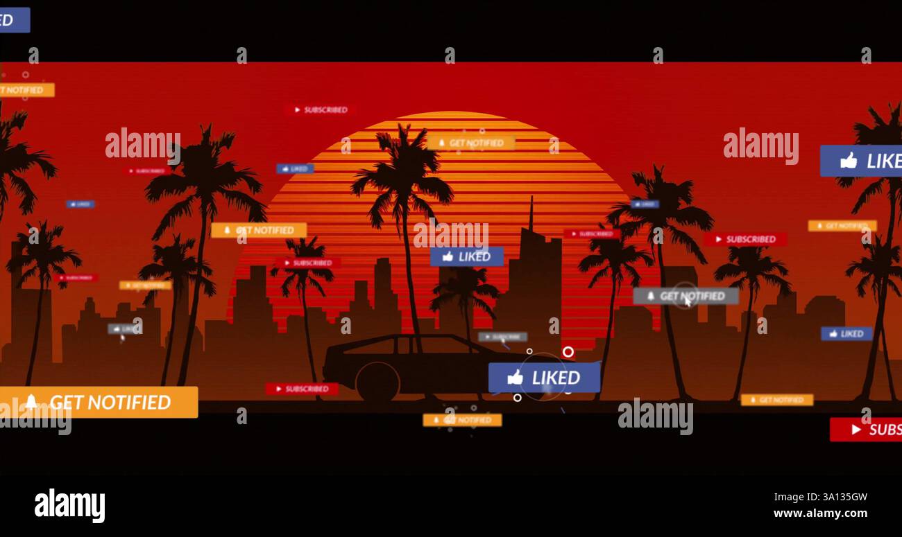 Image of social media data processing over sun and palm trees on red ...