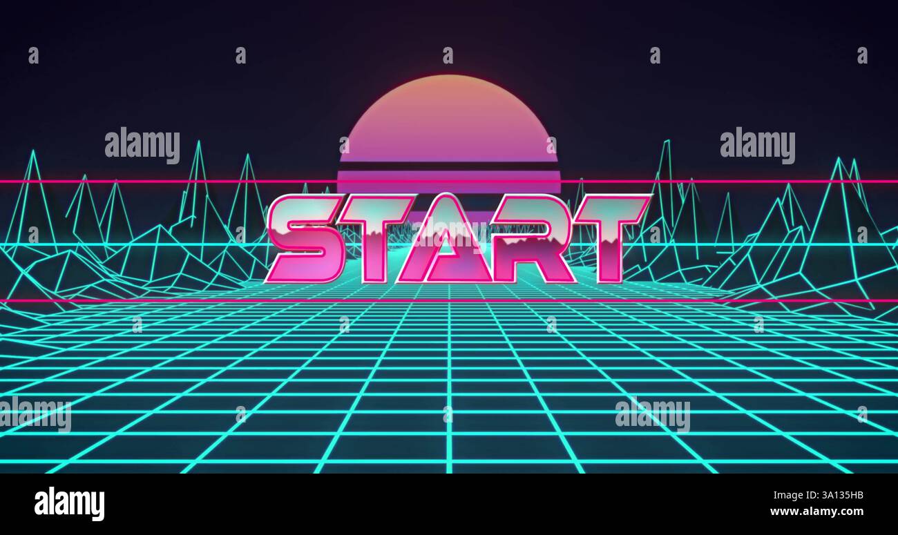 Image of start text over digital sun and mountains Stock Photo - Alamy