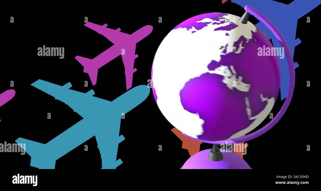 Image of spinning purple and white globe over colourful passenger jet ...