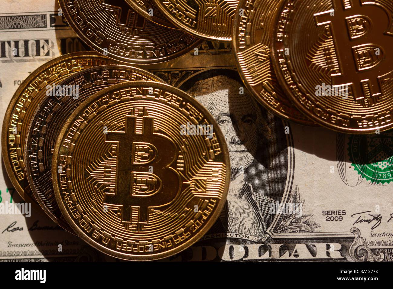 Berlin, Germany. 06th Mar, 2025. Golden Bitcoin coins lie on a US ...