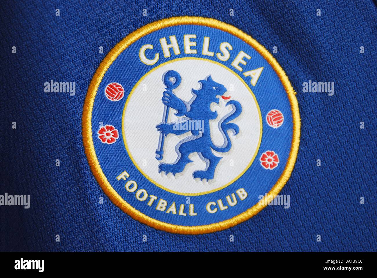 Close up photo of Chelsea FC club badge on the home shirt Stock Photo ...