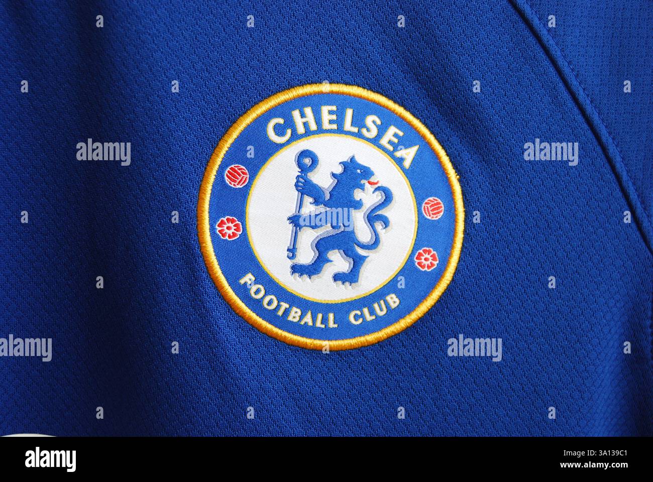 Close up photo of Chelsea FC club badge on the home shirt Stock Photo ...