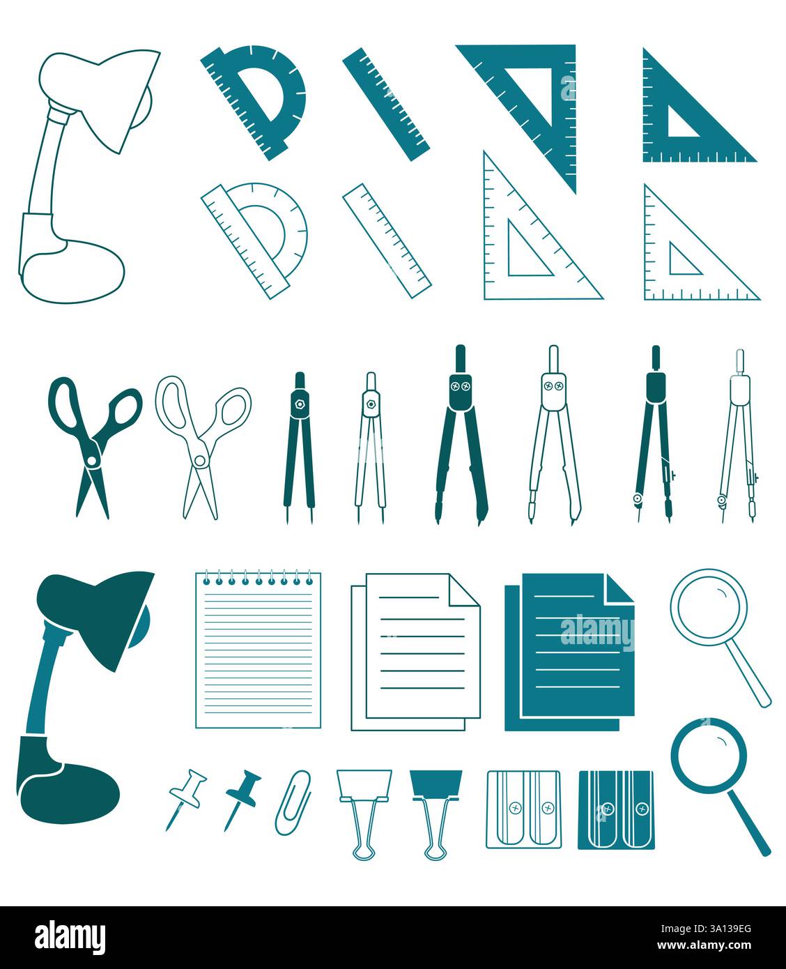 stationery appliance icon collection in line drawing and silhouette ...