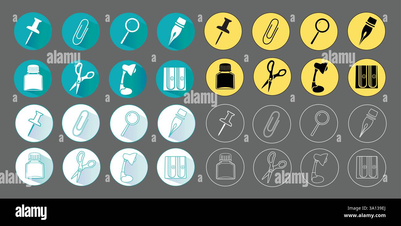 stationary icons set in blue, white and yellow circles with gradient ...
