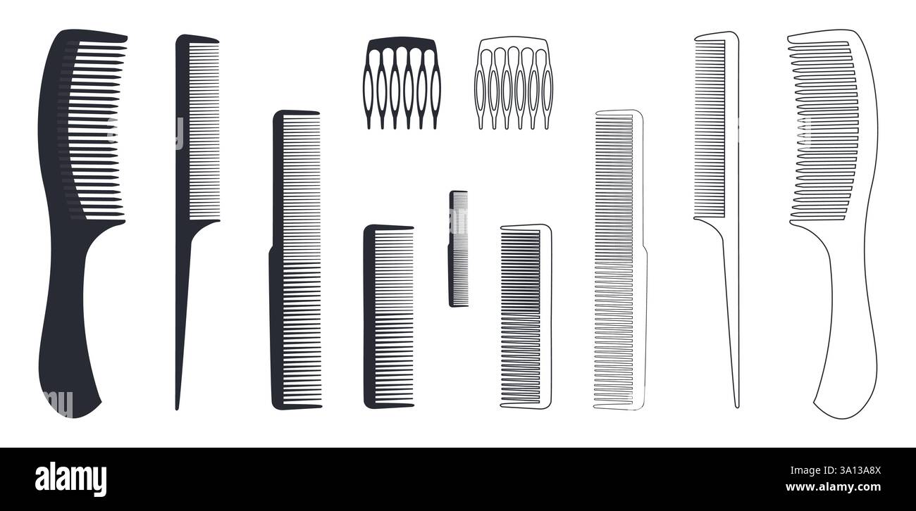 comb icon collection in black silhouette and line art style isolated on ...