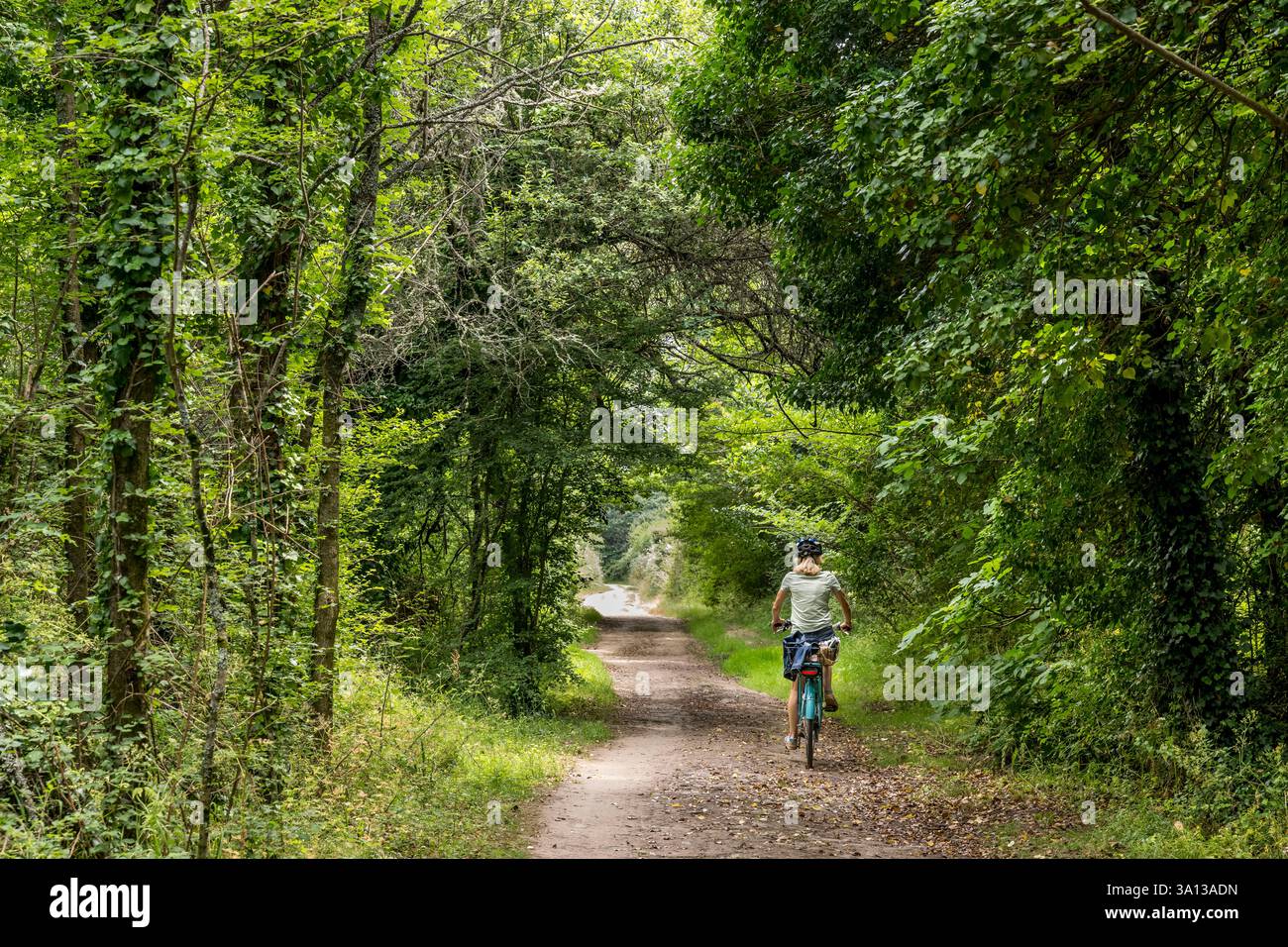 France, Morbihan, Groix Island, cyclist on the path leading to the Trou ...
