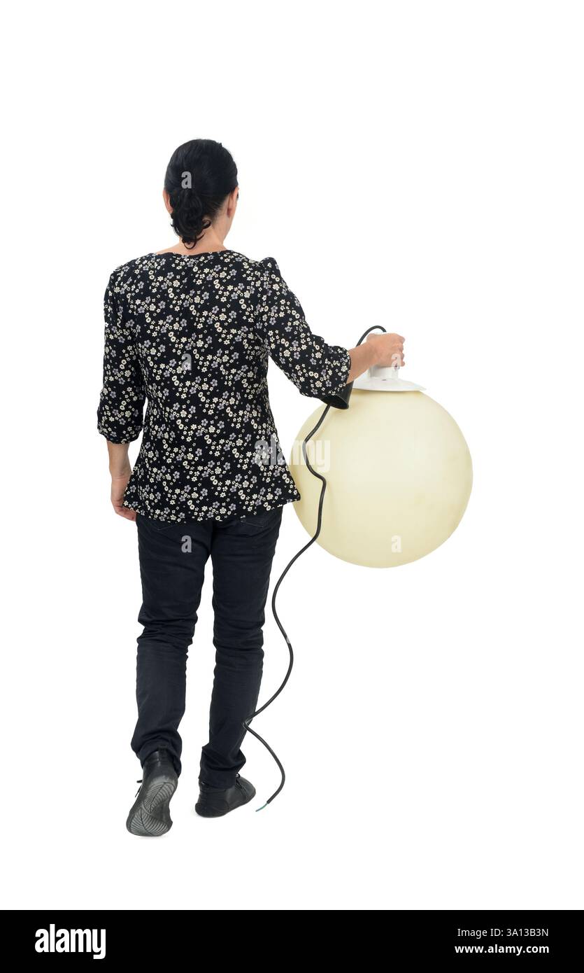 back view of a woman carrying lamp on white background Stock Photo - Alamy