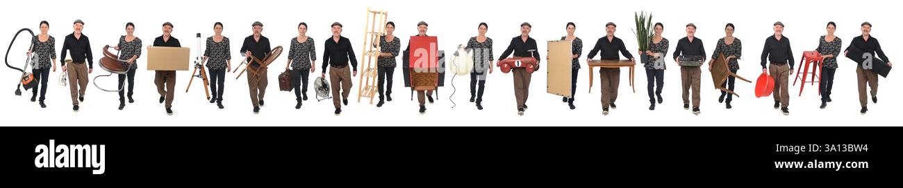 line of front view of the same woman and same man walking carrying ...