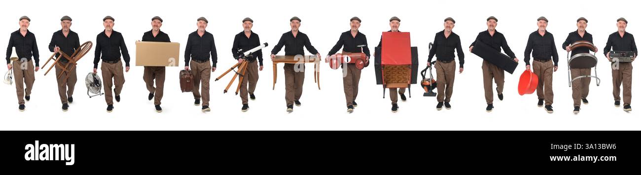 line of front view of the same man walking carrying various objects ...