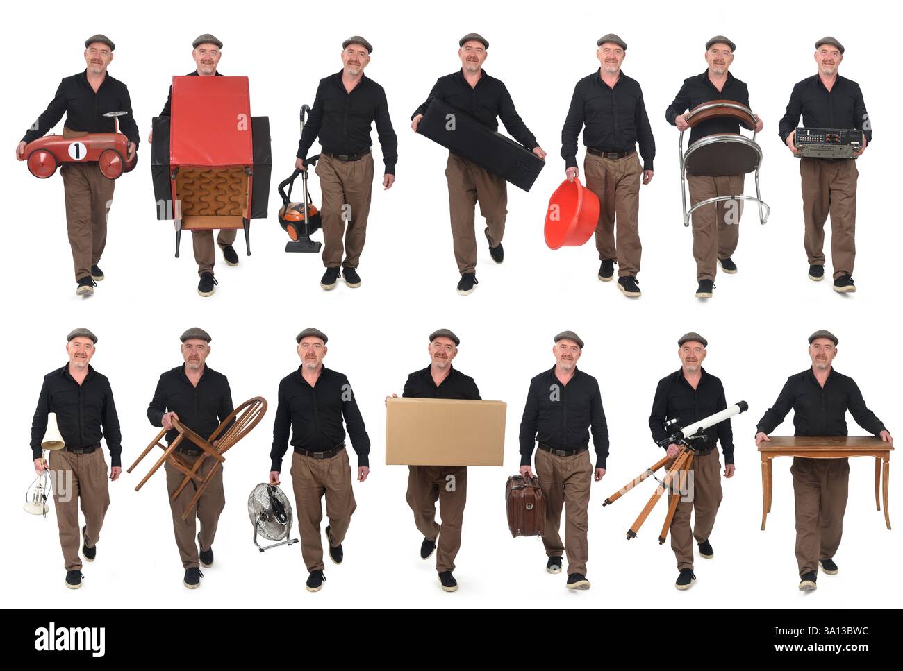front view of the same man walking carrying various objects from his ...