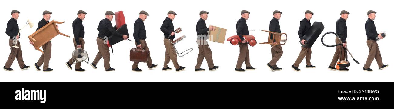 line of side view of the same man walking carrying various objects from ...