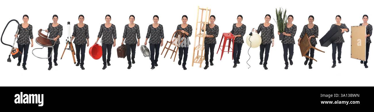 line of front view of the same woman walking carrying various objects ...