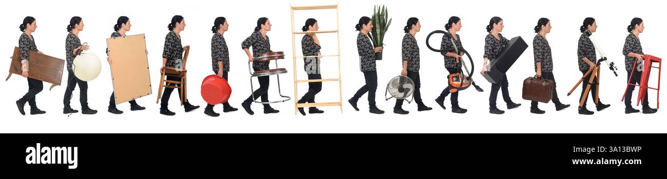 line of side view of the same woman walking carrying various objects ...