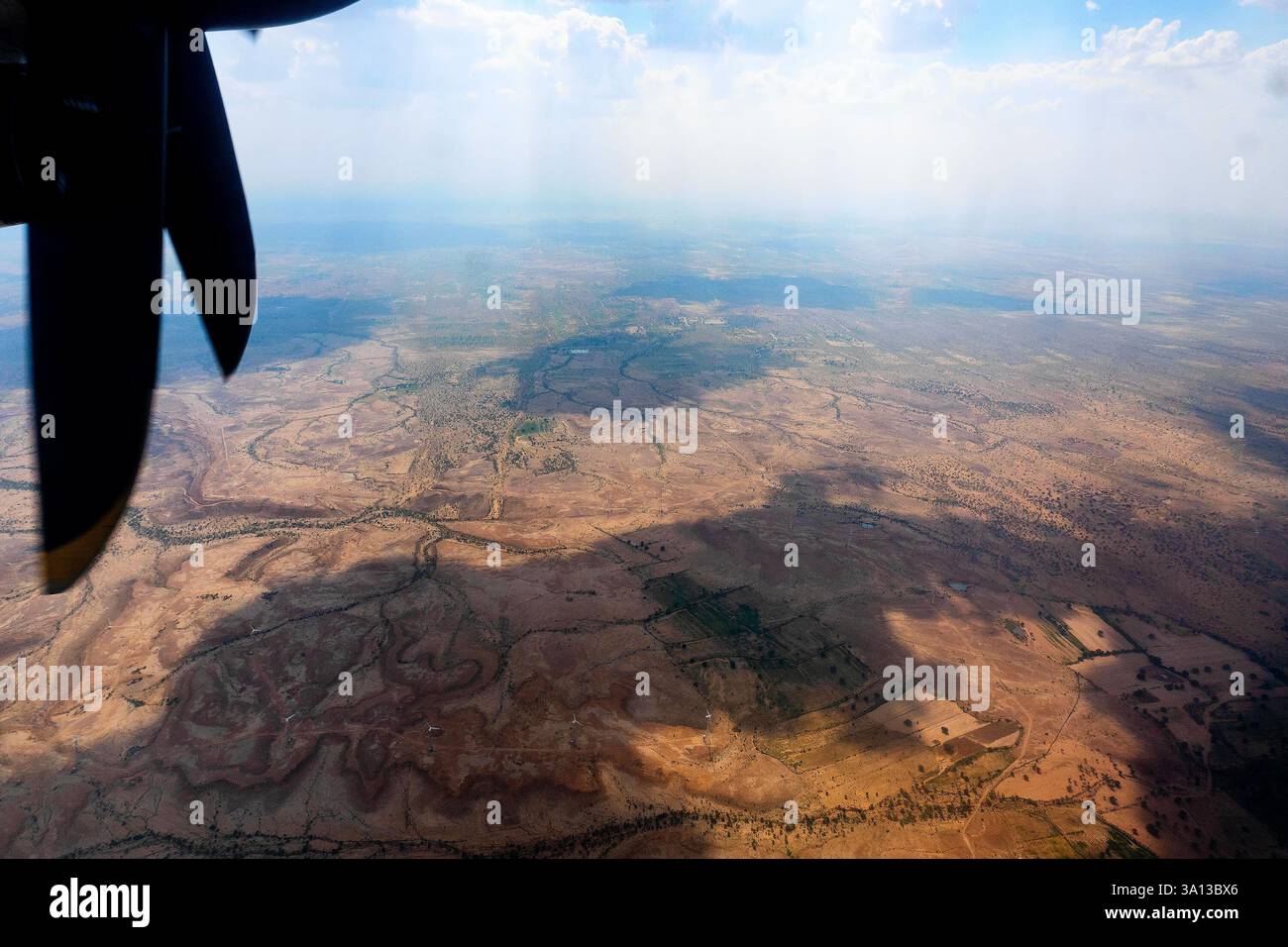 View of Thar desert from an aeroplane, Rajasthan, India. The propellers ...