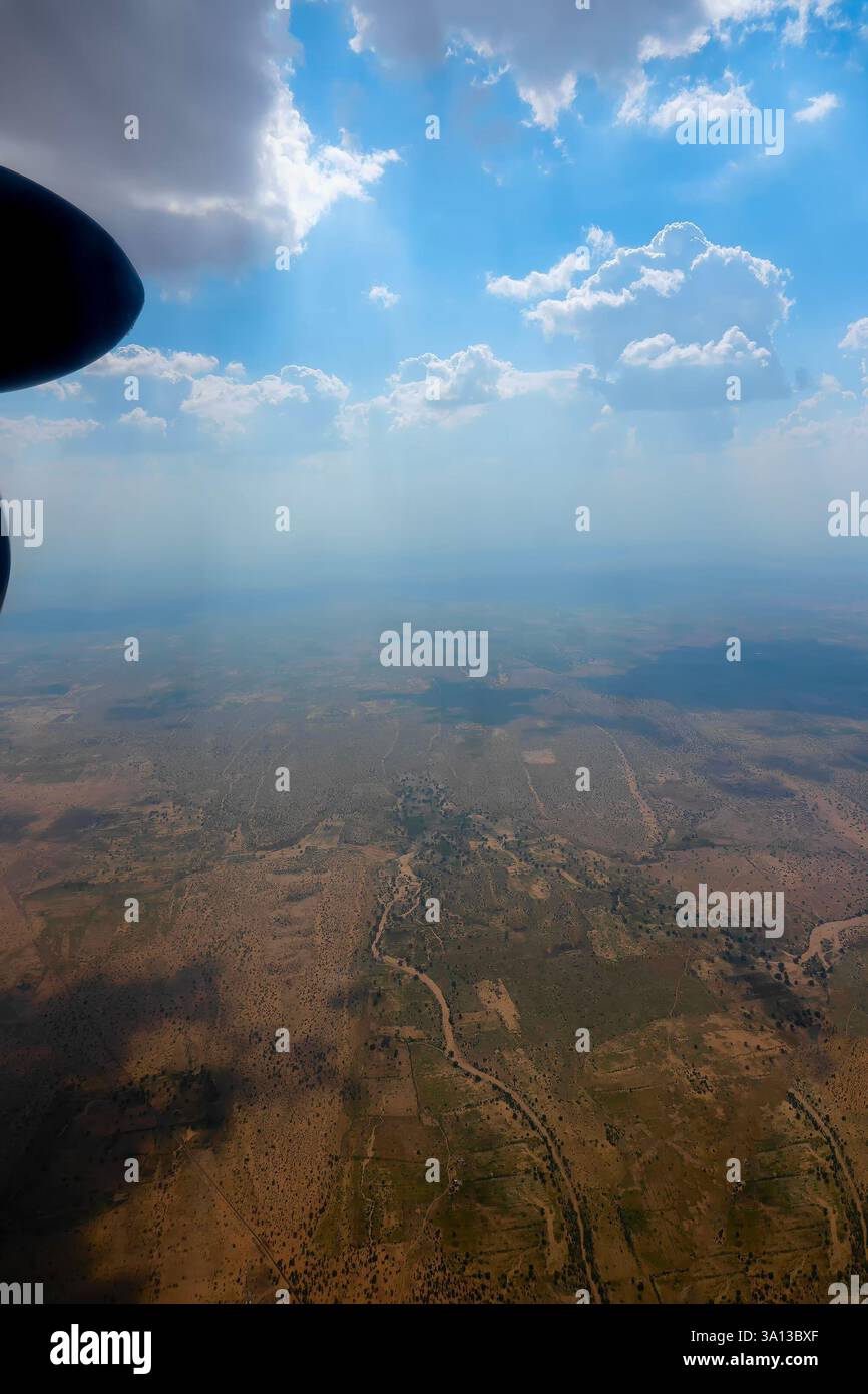 View of Thar desert from an aeroplane, Rajasthan, India. The propellers ...