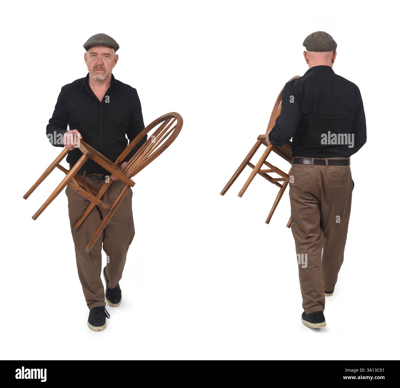 front and back view of a walking man carrying vintage chair on white ...
