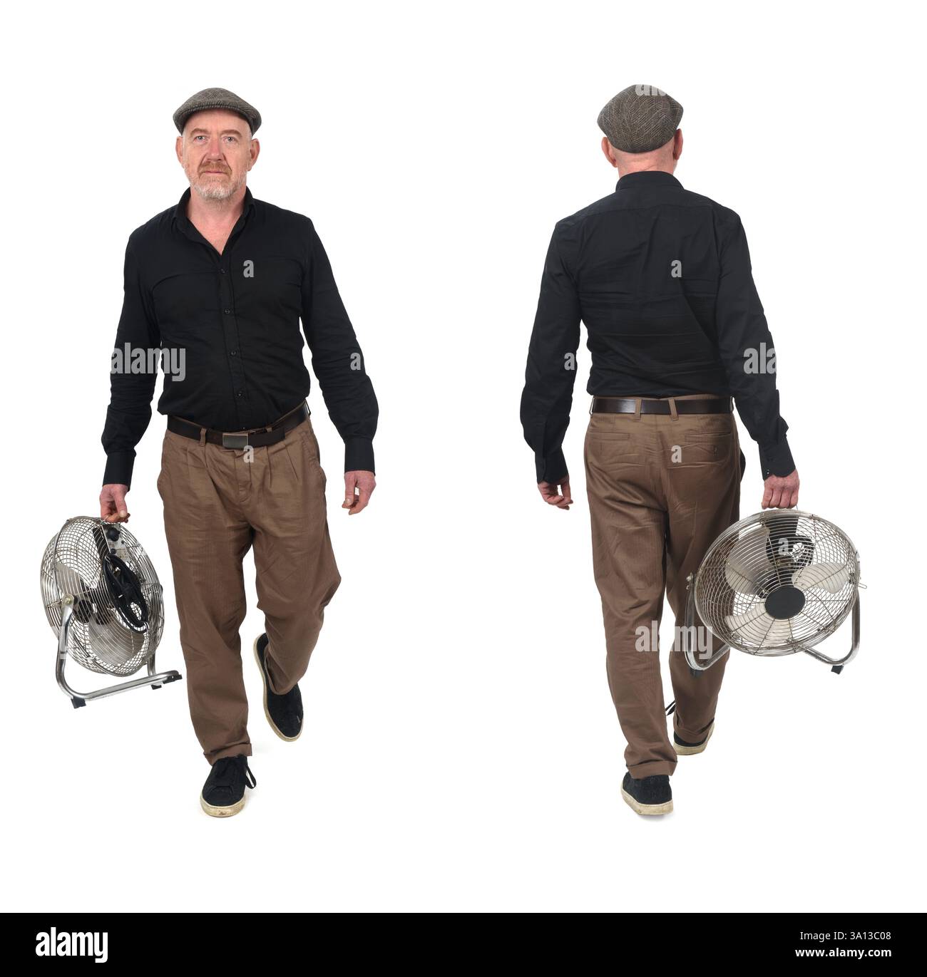 front and back view of a walking man carrying ventilator on white ...
