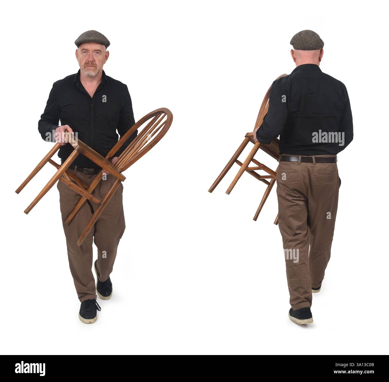front and back view of a walking man carrying vintage chair on white ...