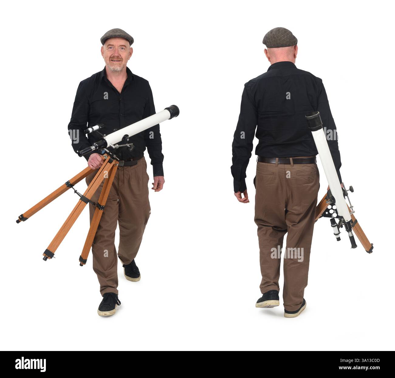 front and back view of a walking man carrying telescope on white ...