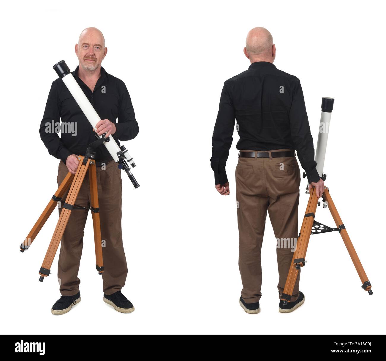 front and back view of same man holding telescope on white background ...