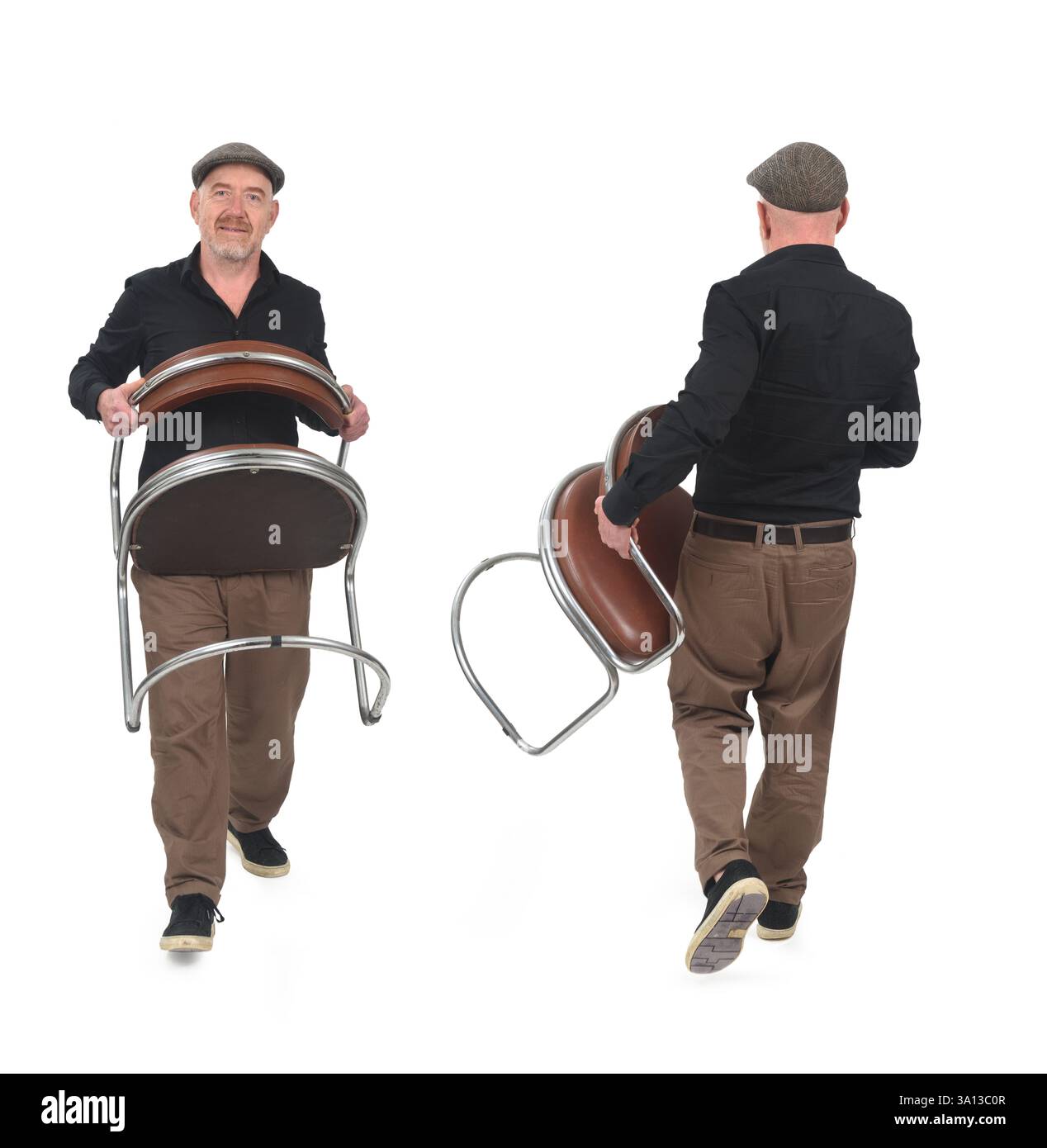front and back view of a walking man carrying vintage chair on white ...