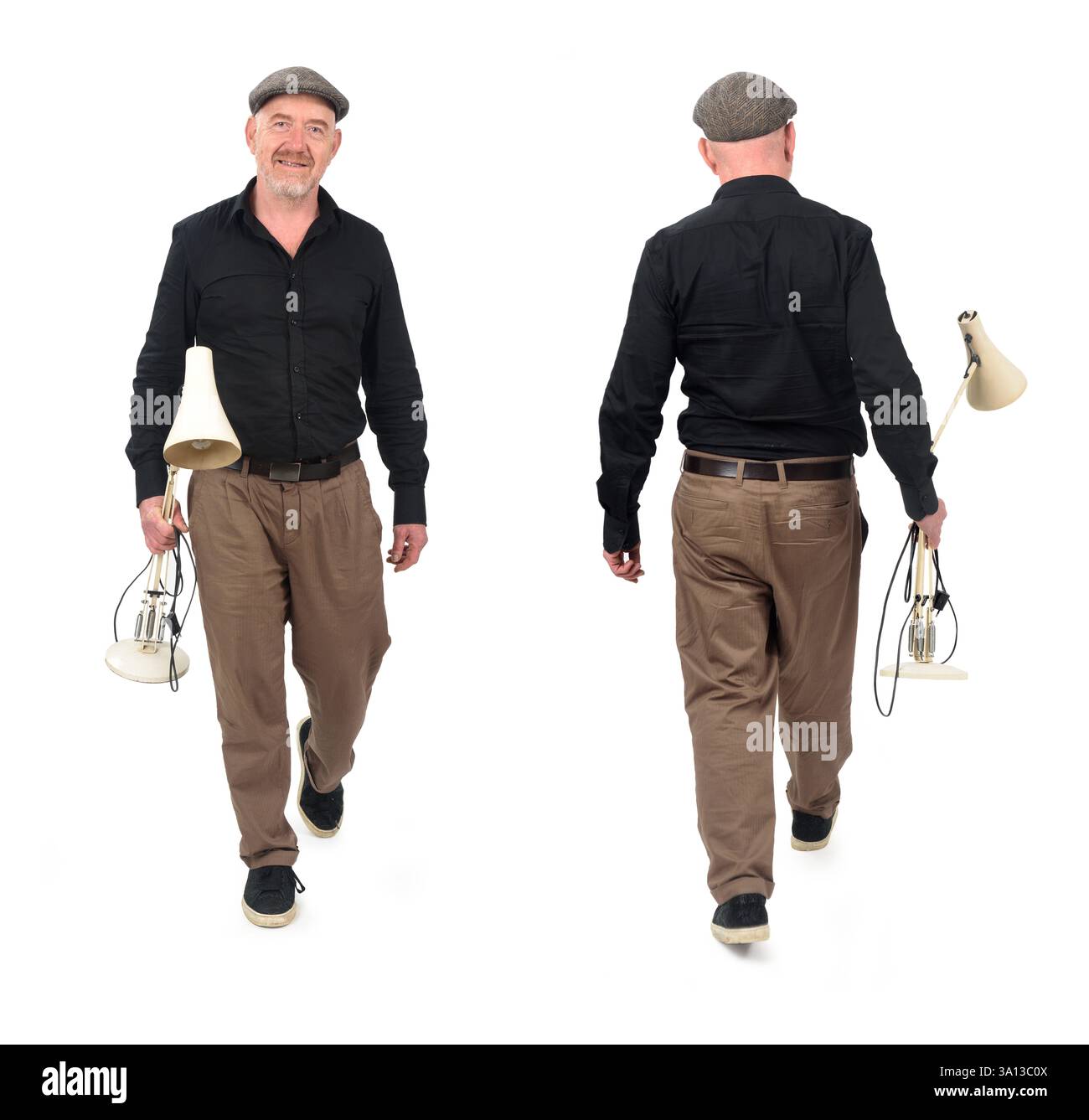 front and back view of a walking man carrying lamp on white background ...
