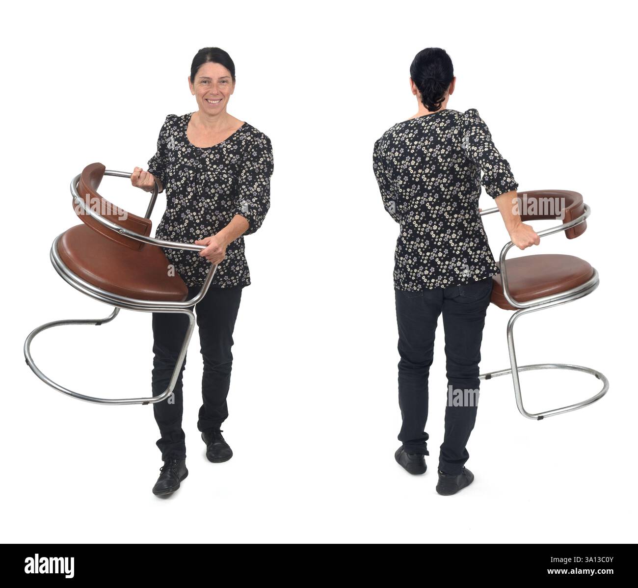 front and back view of a walking woman carrying vintage chair on white ...