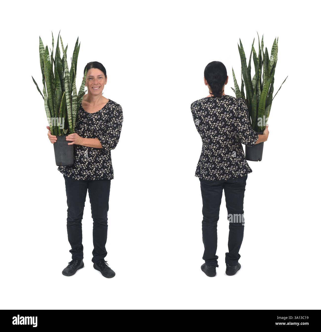 front and back view of a standing woman holding a plant on white ...