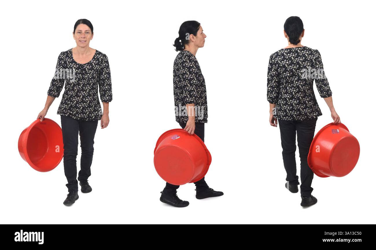 various poses of a same walking woman carrying plastic basin on white ...
