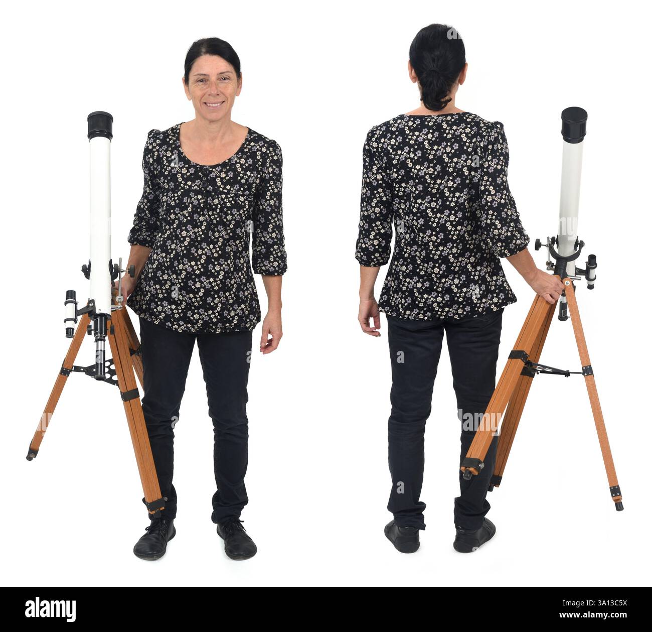 front and back view of a woman holding telescope on white background ...