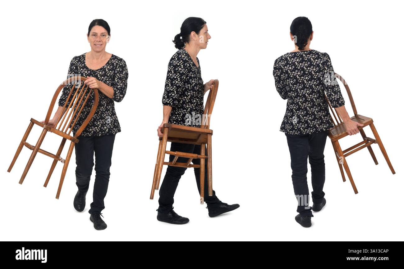 various poses of same walking woman carrying chair on white background ...