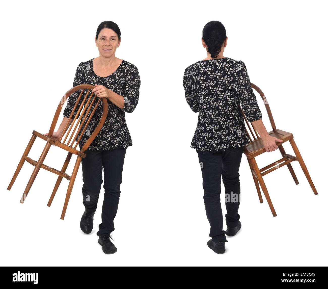 front and back view of a walking woman carrying chair on white ...